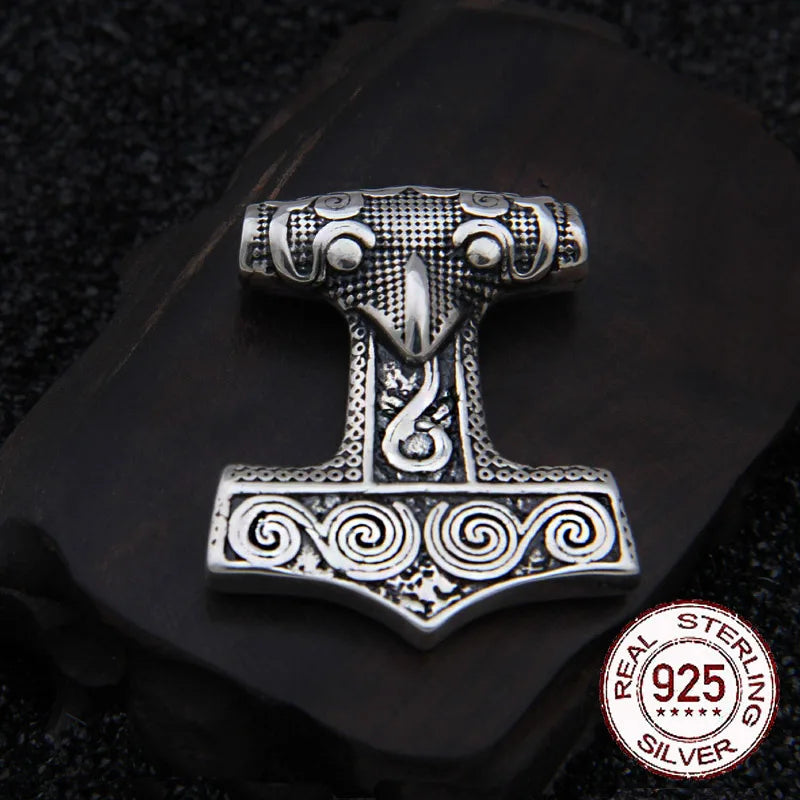 925 Sterling Silver Viking Raven thor hammer Pendant necklace with cow ...
