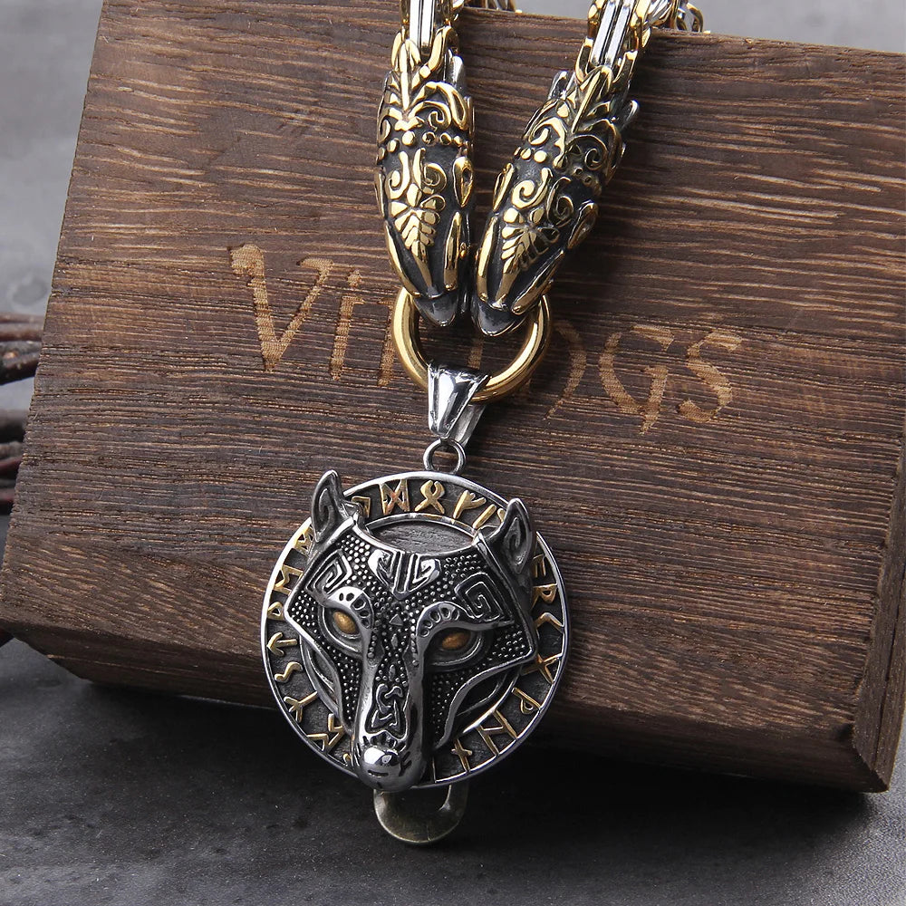 Gold Trimmed King Chain with Fenrir & Wolf Head Pendants - Top-Rated C ...